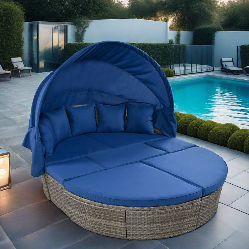 Bungalow Rose Kateisha 66.1'' Wide Outdoor Round Sunbed with Canopy and Five Pillows | Wayfair